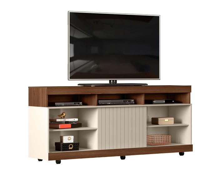 Rack Bancada Sala Estar TV Até 60 Polegadas Porta Deslizante C/ frisos 2 Prateleiras E Rodízios ...