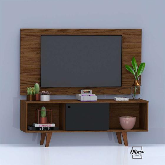 Rack com Painel para TV até 42 Polegadas Salah Carvalho e Preto - Olivar Móveis - Rack com ...