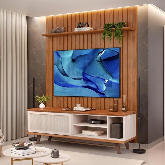 Rack Com Painel Ripado TV Até 60 Polegadas Freijó Off White Bristol Pratic DJ Móveis - DJ MOVEIS ...