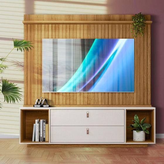 Rack Com Painel Ripado TV Até 75 Polegadas Freijó Off White Perolizado Dream Shop JM - Rack com ...