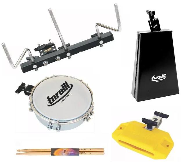 Rack de percussão + tamborim com clamp + bloco sonoro agudo + cowbell 7 ...