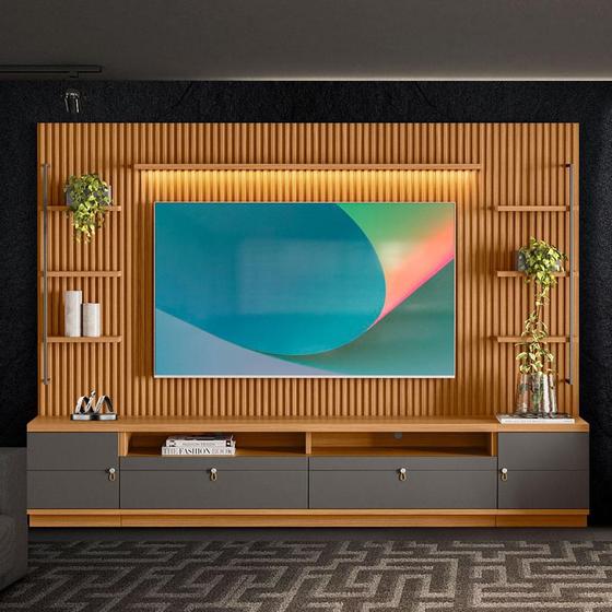 Rack Para Sala Com Painel Ripado Modulado 75 Polegadas Nature Chumbo ...