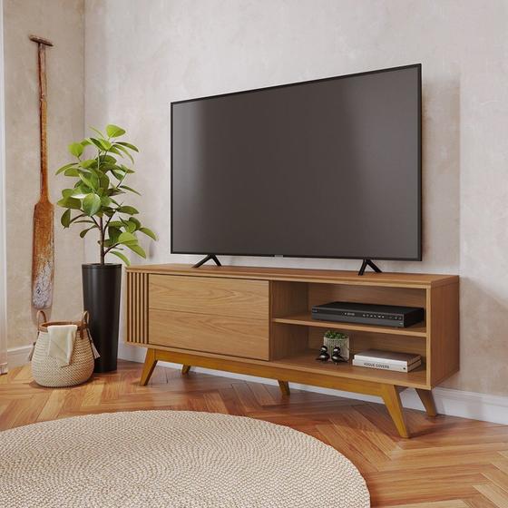 Rack para TV até 60 Polegadas com Pés Madeira Maciça e Porta Deslizante ...