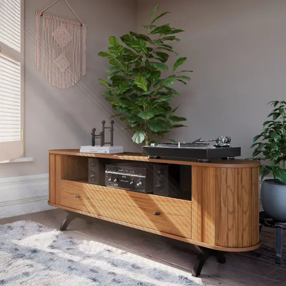 Rack Sala TV Curvo 180 cm Nicho e Gaveta em MDF Freijó com Preto Fosco ...