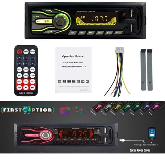 Rádio Automotivo Mp3 Bluetooth 2x Usb Sd Bt 100w 7 Cores - First Option ...