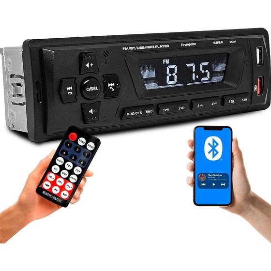 Rádio Som Automotivo MP3 Player Universal Bluetooth USB SD AUX FM 1 din First Option 6624 Com ...