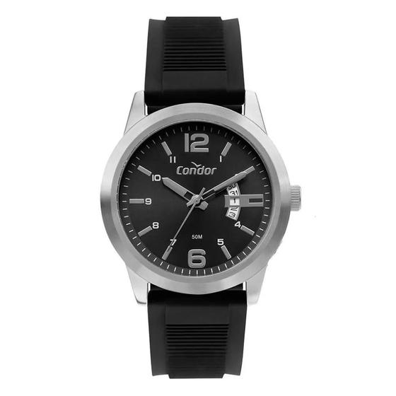 Relogio Condor Masculino prata preto calendario pulseira borracha kit ...