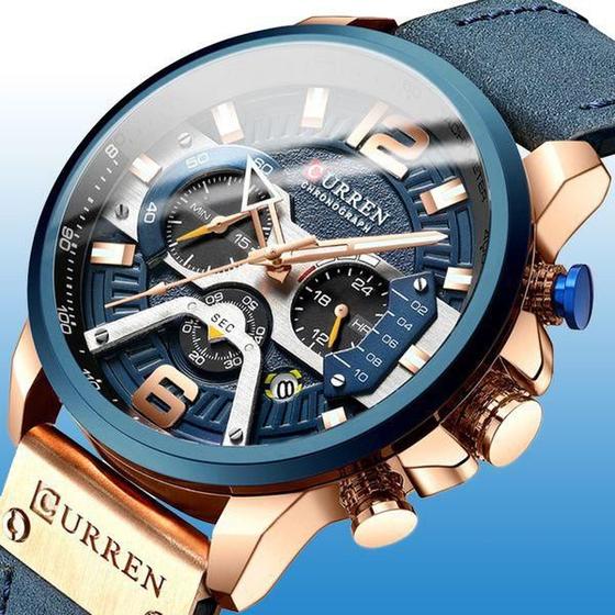 Relógio Curren CR-8329 Azul/Bronze Analógico + Caixa Estojo de Acrílico ...