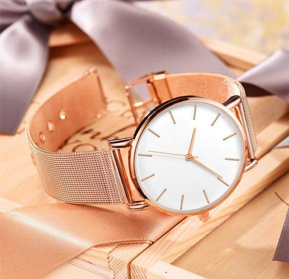 Relógio de Pulso Feminino Minimalista Dourado Rose Aço Quartzo Clássico ...