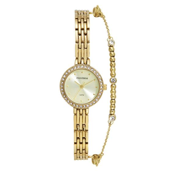 Relógio Feminino Dourado Pequeno Analógico Original com Pedras Mondaine ...