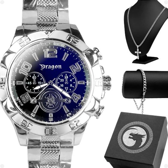 relogio masculino aço inox + cordão cruz + caixa qualidade premium ...