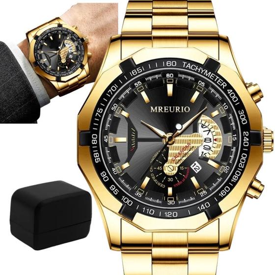 Relógio Masculino Dourado Bracelete Inox Fundo Preto + Caixa - MREURIO ...