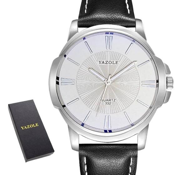 Relógio Masculino Preto Branco Yazole 332 Couro + Estojo - Relógio ...