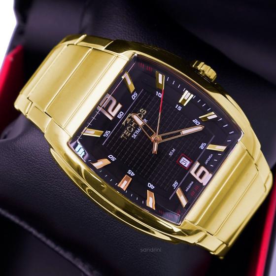 Relógio Masculino Quadrado Technos Dourado Analogico Preto - Techonos ...