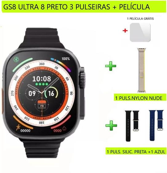 Relógio Smartwatch Ultra 8 GS8 PRETO com 3 Pulseias + Película - ULTRA8 ...
