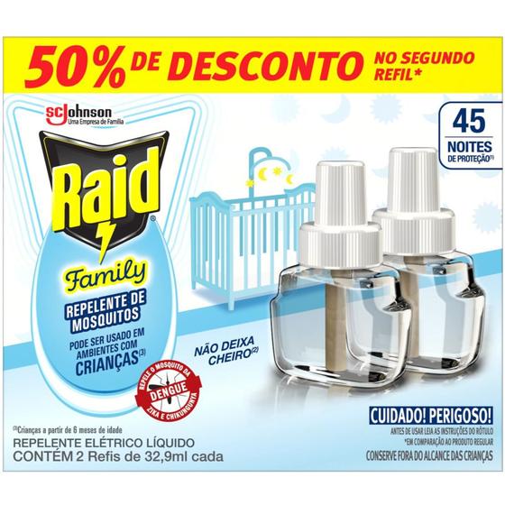 Repelente Líquido Elétrico Refil 45 Noites Raid Family 2 Refis 32,9ml ...