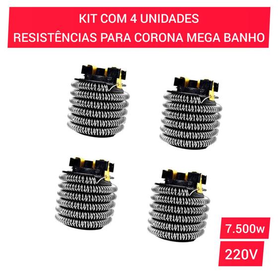 Resistência Corona Mega Banho Para Chuveiro 4T Kit Com 4 Unidades Para Ducha Corona 220V 7.500w ...
