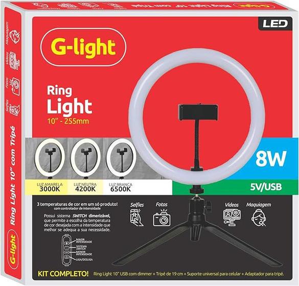 Ring Light Iluminador Led 10 Polegadas 24cm Usb Tripé 19cm - G-Light - Iluminadores - Magazine Luiza