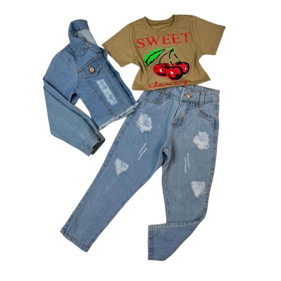 Roupa Para Meninas Moda Infantil Cropped Jaqueta E Calça Jeans 3 Peças ...