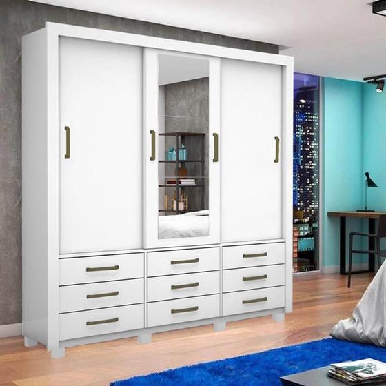 Roupeiro Casal 3 Portas 9 Gavetas Com Espelho Anjos Branco - Carioca ...