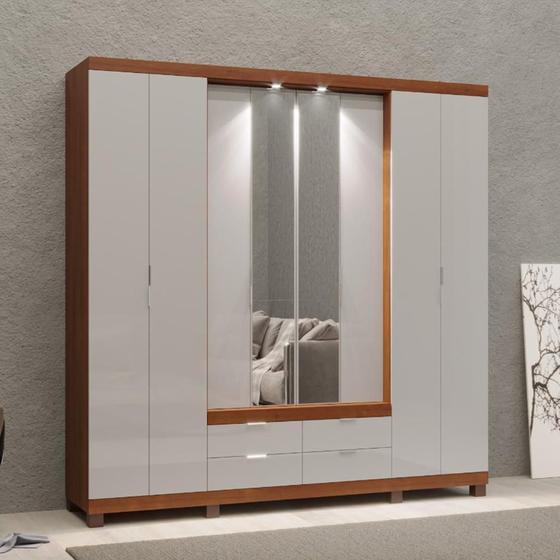 Roupeiro Casal 8 Portas 4 Gavetas com Led e Espelho Floripa Ipê/Off ...