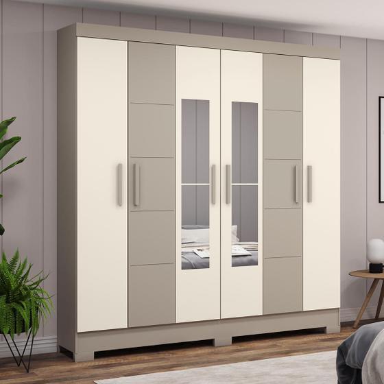 Roupeiro Casal Com 6 Portas 2 Gavetas Com Espelho B73 Cristal / Off ...