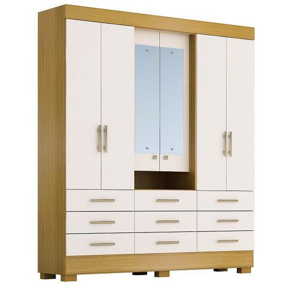 Roupeiro Débora Casal 6 portas e 9 gavetas c/ espelho - Nature/ Off White - 100% MDF - ACP ...