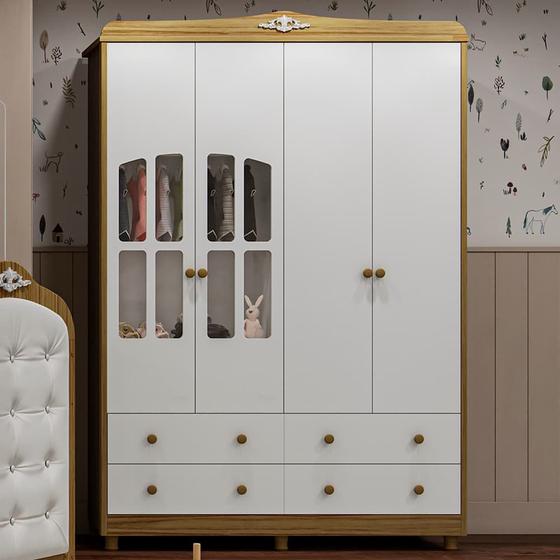 Roupeiro Infantil 4 Portas e 4 Gavetas Elô Branco Brilho/Carvalho ...