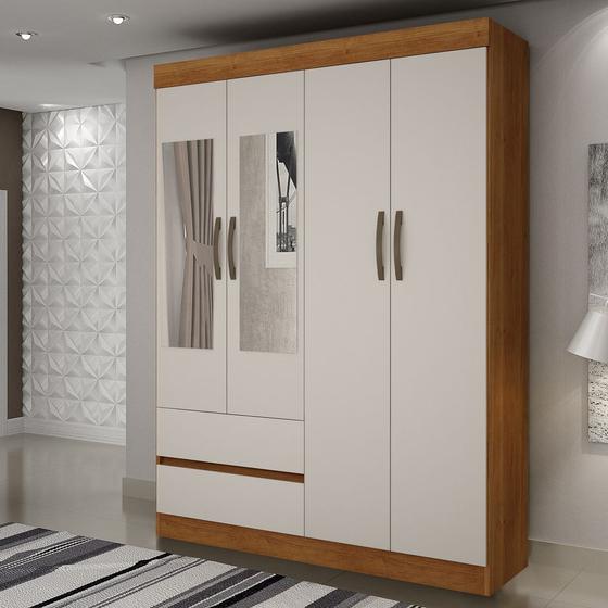 Roupeiro New Porto 4 Portas com Espelho - Sallêto Cor:Cinamomo/Off ...