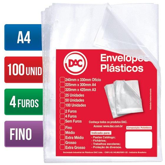 Saco Plastico Envelope 225 X 300MM A4 Fino 4 Furos 100 Unidades - DAC - Envelope Plástico ...