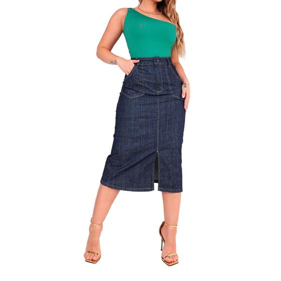 Saia Lápis Midi Jeans Com Fenda Na Frente Moda Modesta - 190378 ...