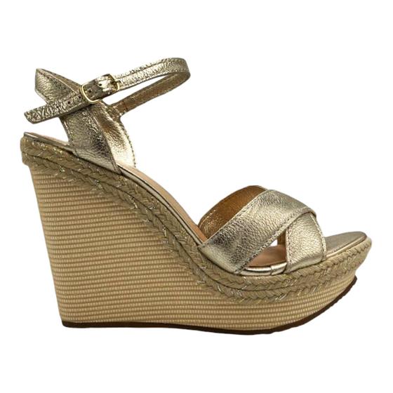 Sandália Bottero Anabela Alta Plataforma Meia Pata Couro Legítimo Metalizado Dourado 362826 ...