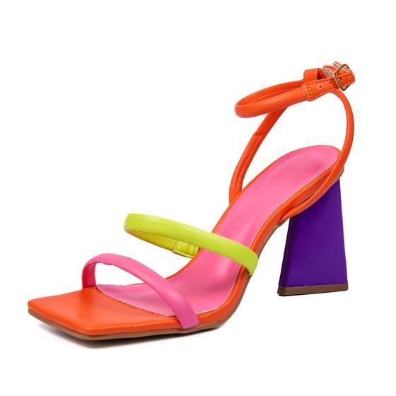 Sandalia Feminina Colorida Salto Bloco Triangular Tiras Duplas Fivela ...