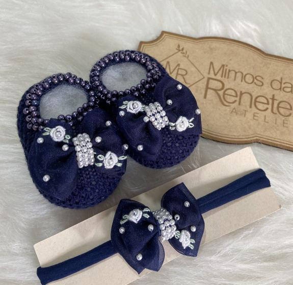 Sapatinho com Tiara Laço de Tule Rococó com Pérolas Azul Marinho e ...