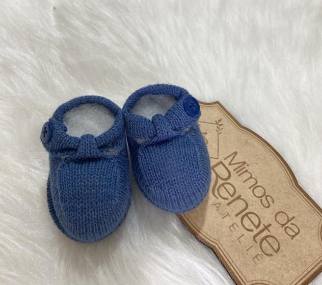Sapatinho Tricô Botão Simples Azul Jeans Bebê Menino RecémNascido 02 ...