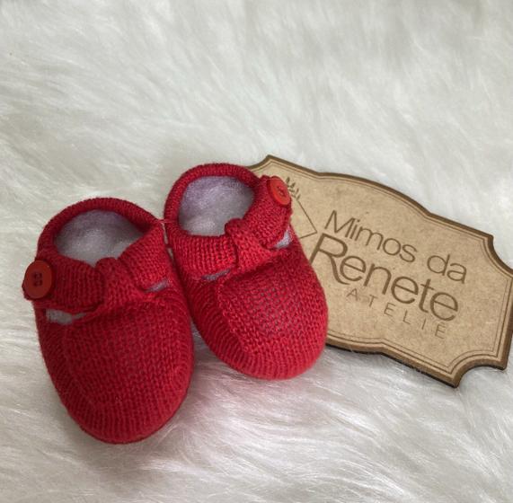 Sapatinho Tricô Botão Simples Vermelho Bebê Menino RecémNascido 02 ...