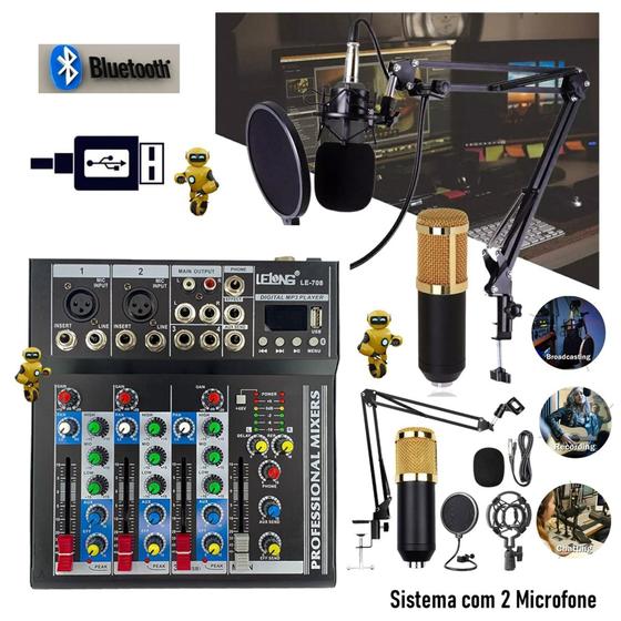 Setup podcast mesa interface USB com 2 microfones condensador e braços ...