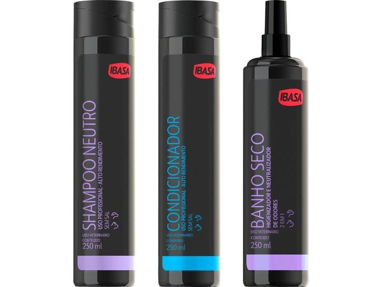 Shampoo Pelagem Escura 250ml + Cond. 250ml + Banho Seco 250ml - Ibasa ...