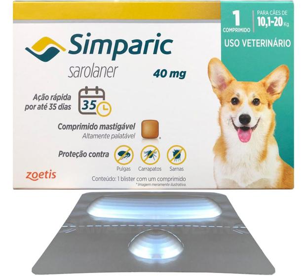 Simparic 10 a 20 Kg 40mg 1 Comprimido Mastigável Palatável Pulgas ...