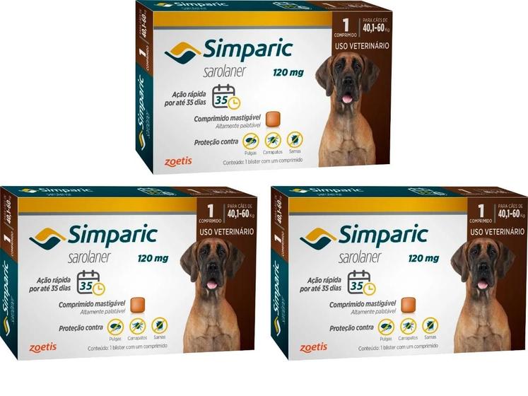 Simparic 120mg Cães 40,1 A 60kg- 1 Cpr.- 3 Unidades - Zoetis ...