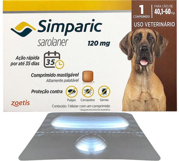 Simparic 40 a 60 Kg 120mg 1 Comprimido Mastigável Palatável Pulgas ...