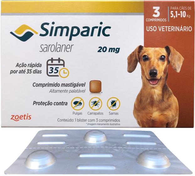 Simparic 5 a 10 kg 20mg 3 Comprimidos Mastigáveis Palatáveis Pulgas ...