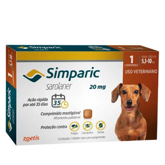 Simparic original zoetis 5,1-10kg 20 mg, anti pulgas, carrapatos e sarnas 1 comprimido ...