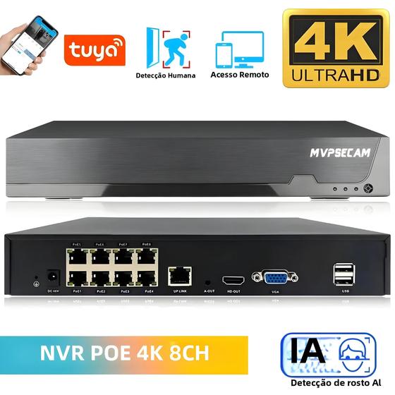 Sistema CCTV NVR PoE 4K 8CH Com Detecção Facial H.265+ Gravador De ...
