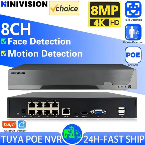Sistema CCTV NVR PoE 4K 8CH Com Detecção Facial H.265+ Gravador De ...