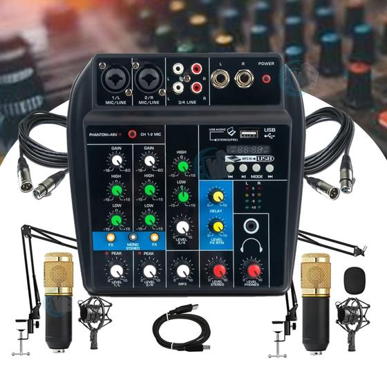 Sistema Podcast Mesa de Som USB BT + 2 Microfones Condensador ...