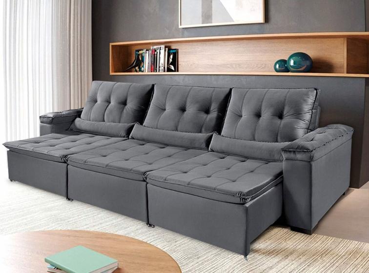 Sofá Elite Retrátil 3 Lugares 2,90m D26 Tecido Veludo Cor Cinza - Bem ...