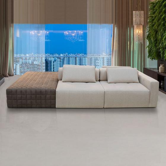 Sofá Sala de Estar Ilha Modulado Encosto Elétrico 330cm Puff Lateral Barcelona Linho Bege/Marrom ...