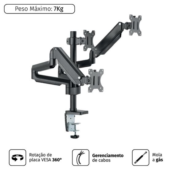 Suporte 3 Monitores PCYES PLMSM03B 17 a 27 Polegadas Alumínio Preto ...