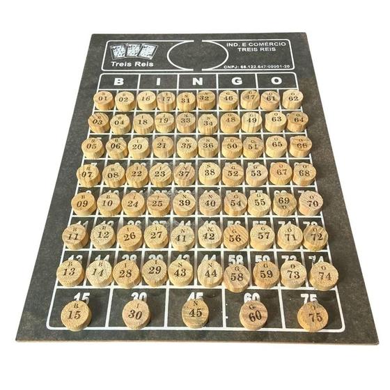 Tabuleiro E Pedras Em Madeira Numeradas 1 A 75 Jogo Bingo - Tres Reis ...